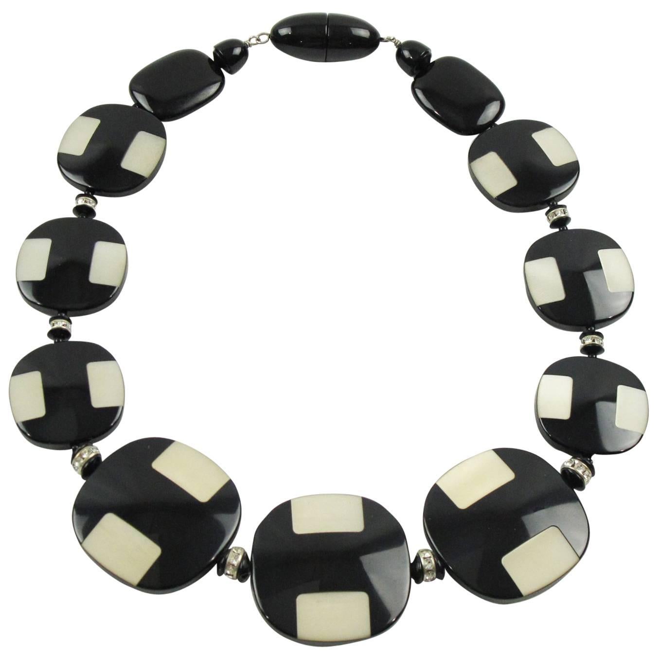 Angela Caputi Sculptural Graphic Black and White Beaded Choker Necklace ...