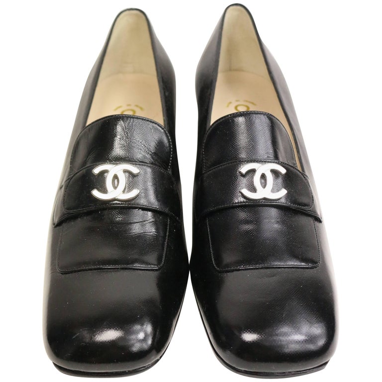 Chanel Black Patent Silver "CC" Logo Square Toe Shoes at 1stDibs