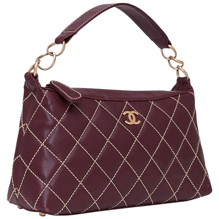Chanel Burgundy Quilted Shoulder Bag Purse with Wild Contrast Stitching ...