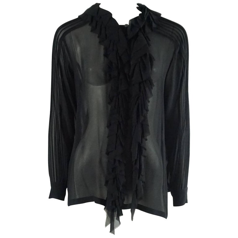 Dries Van Noten Black Silk Chiffon Ruffle Top - 36 For Sale at 1stDibs