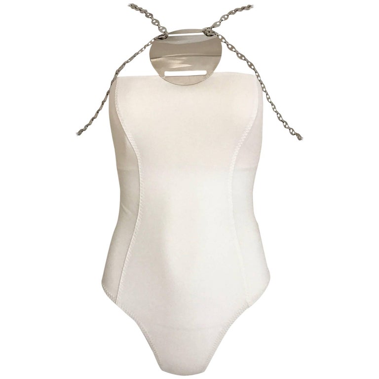 Paco Rabanne White Halter Bathing Suit with Silver Metal Plate at 1stDibs
