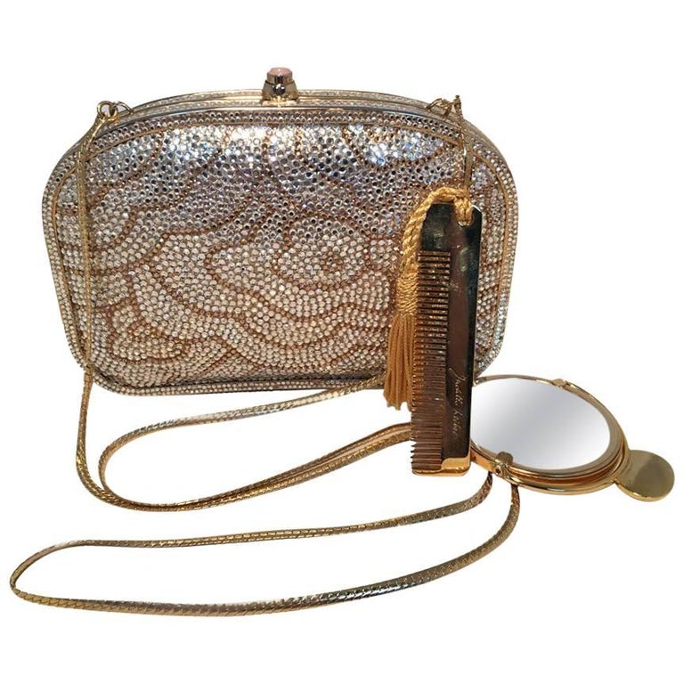 Judith Leiber Swarovski Crystal Gold Floral Print Minaudiere Evening ...