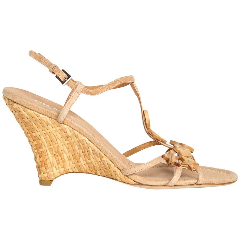 Prada Tan Leather and Rattan Wedge For Sale at 1stDibs