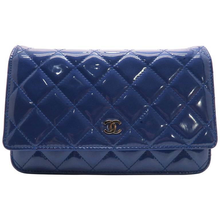 Chanel Wallet On Chain Blue Quilted Patent Leather Silver Metal ...
