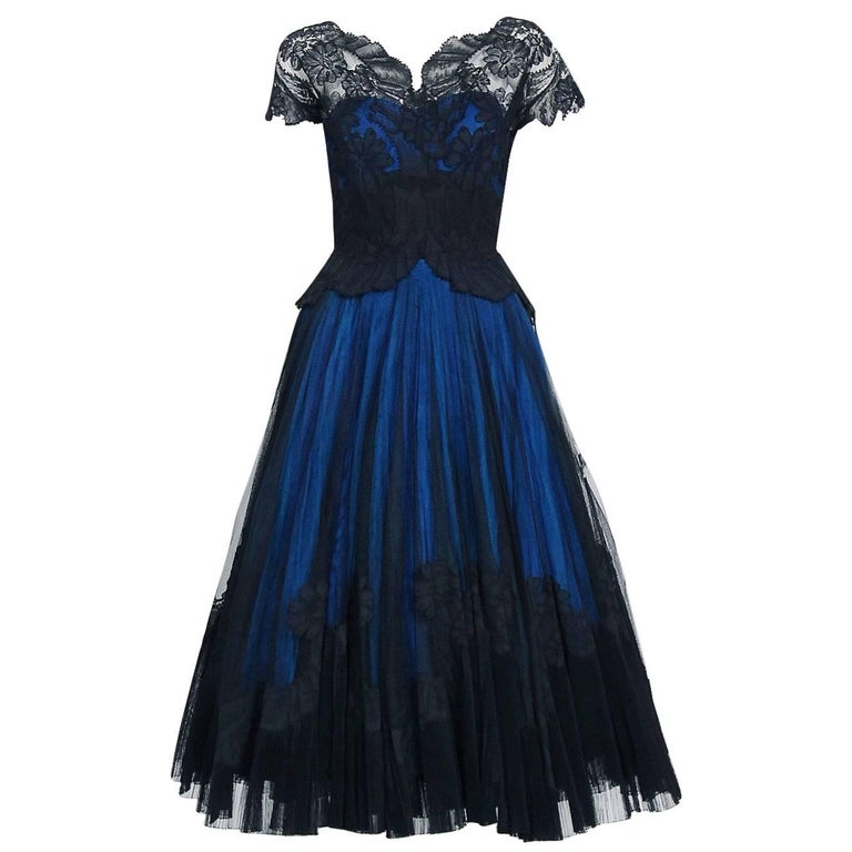 1955 Digby Morton Couture Black and Blue Floral Lace Illusion Pleated ...