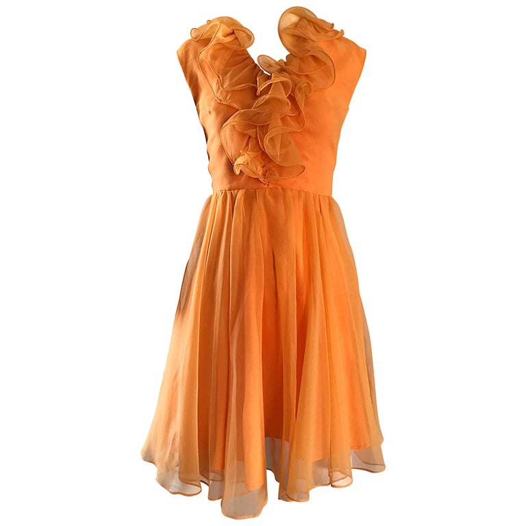 1960s Chic Sorbert Orange Chiffon Ruffle Neck Vintage A - Line 60s ...