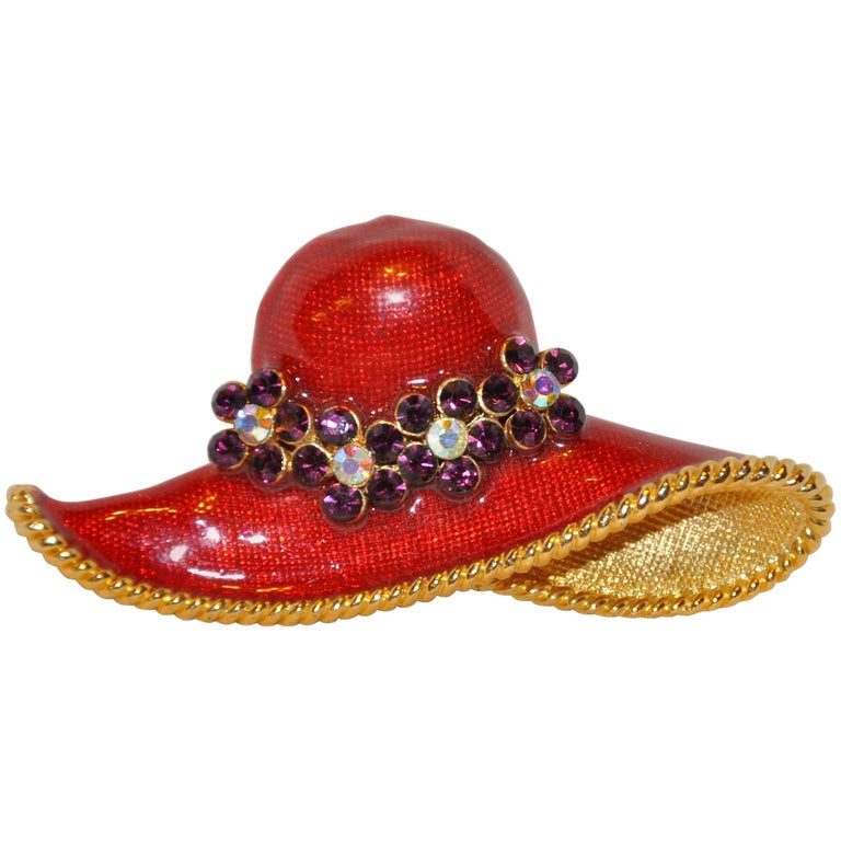 Large Gilded Gold Hardware with Bold Red Enamel "Floral Hat" Brooch at ...