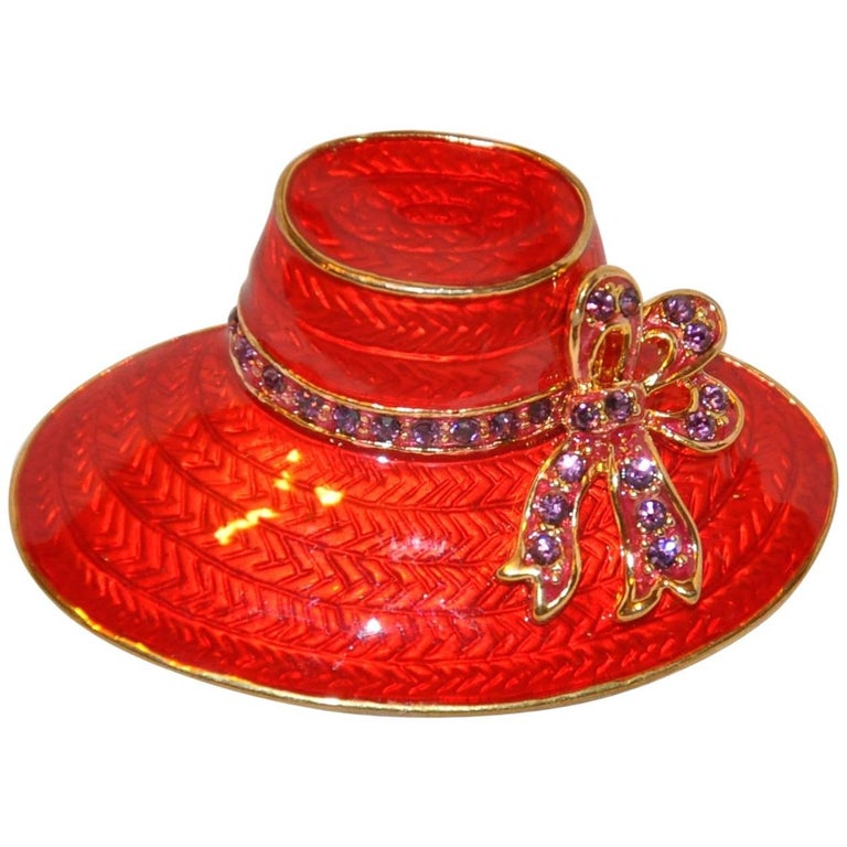 Whimsical Bold Red Enamel with Violet Bow Hat Brooch at 1stDibs ...