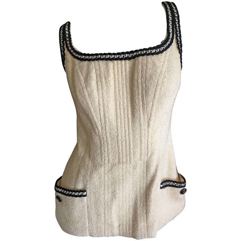 Chanel Vintage Sleeveless Ivory Boucle Top with Tweed Trim Spring 1993 ...