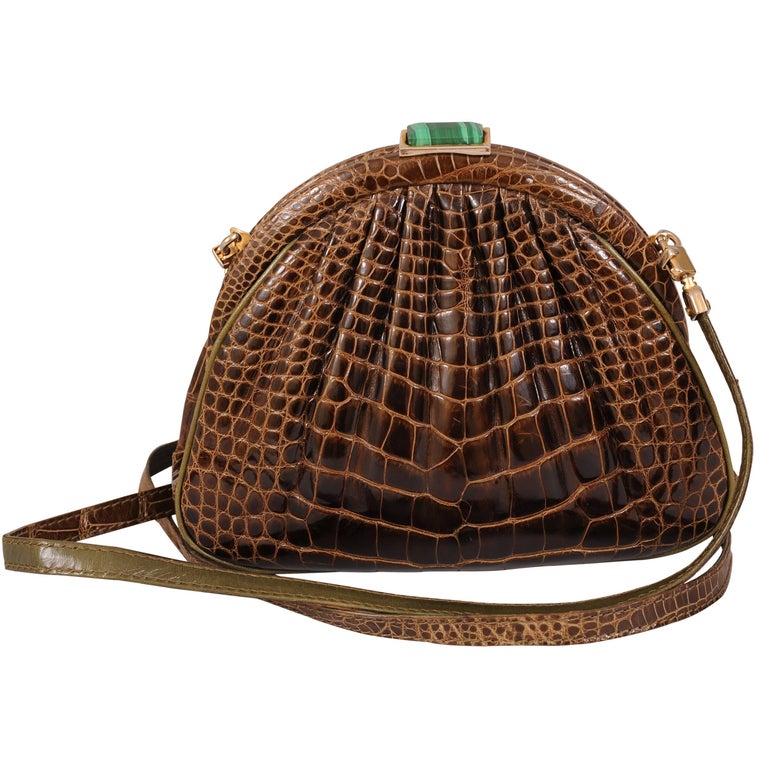 Susan Bennis Warren Edwards Chocolate Brown Alligator Clutch Malachite ...