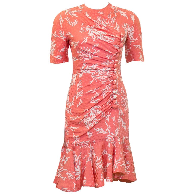 1990's Haute Couture Coral Silk Jacquard Dress Carroll Petrie Col. at ...