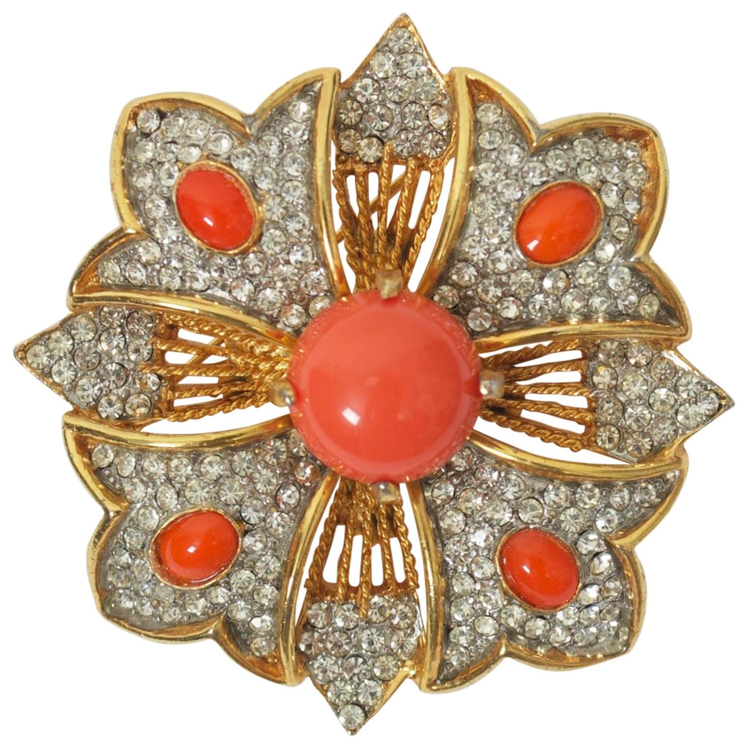 KJL Rhinestone and Coral Brooch at 1stDibs | kjl brooch
