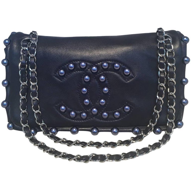 Chanel Navy Blue Leather Pearl Trim Flap Bag For Sale at 1stDibs