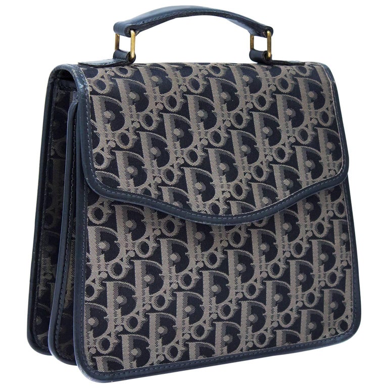 1980's Christian Dior Navy Blue Logo Canvas Handle Bag at 1stDibs