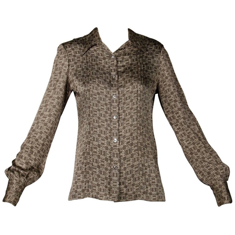 1970s Gucci Vintage Silk Button Up Blouse Top with Horse Bit Print at ...