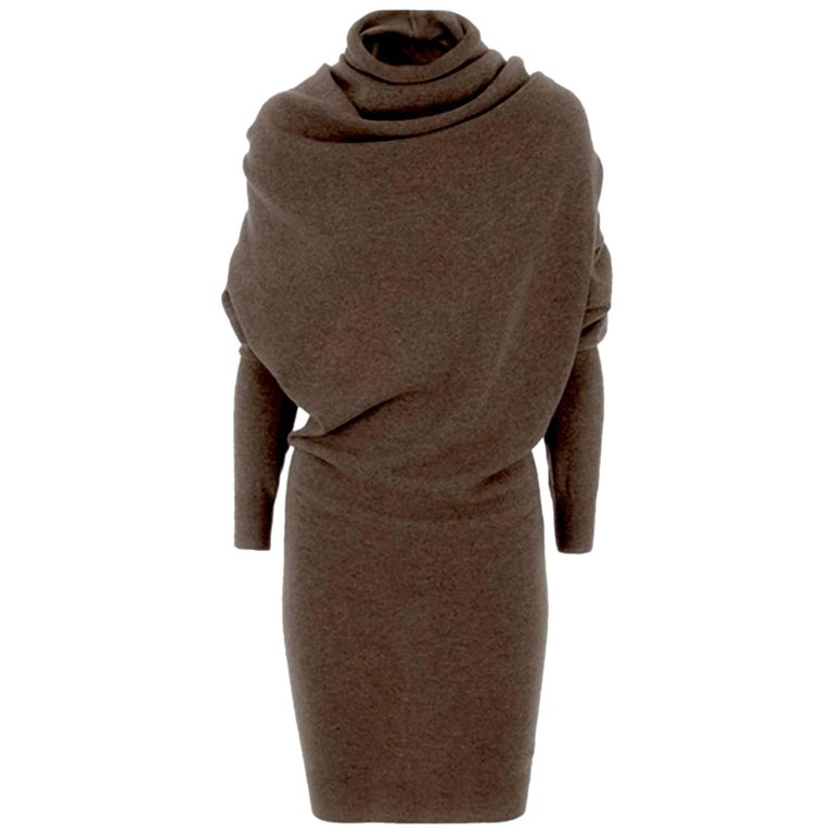 Lanvin Brown Cashmere Draped Over Shoulder Sweater Dress sz XL rt ...