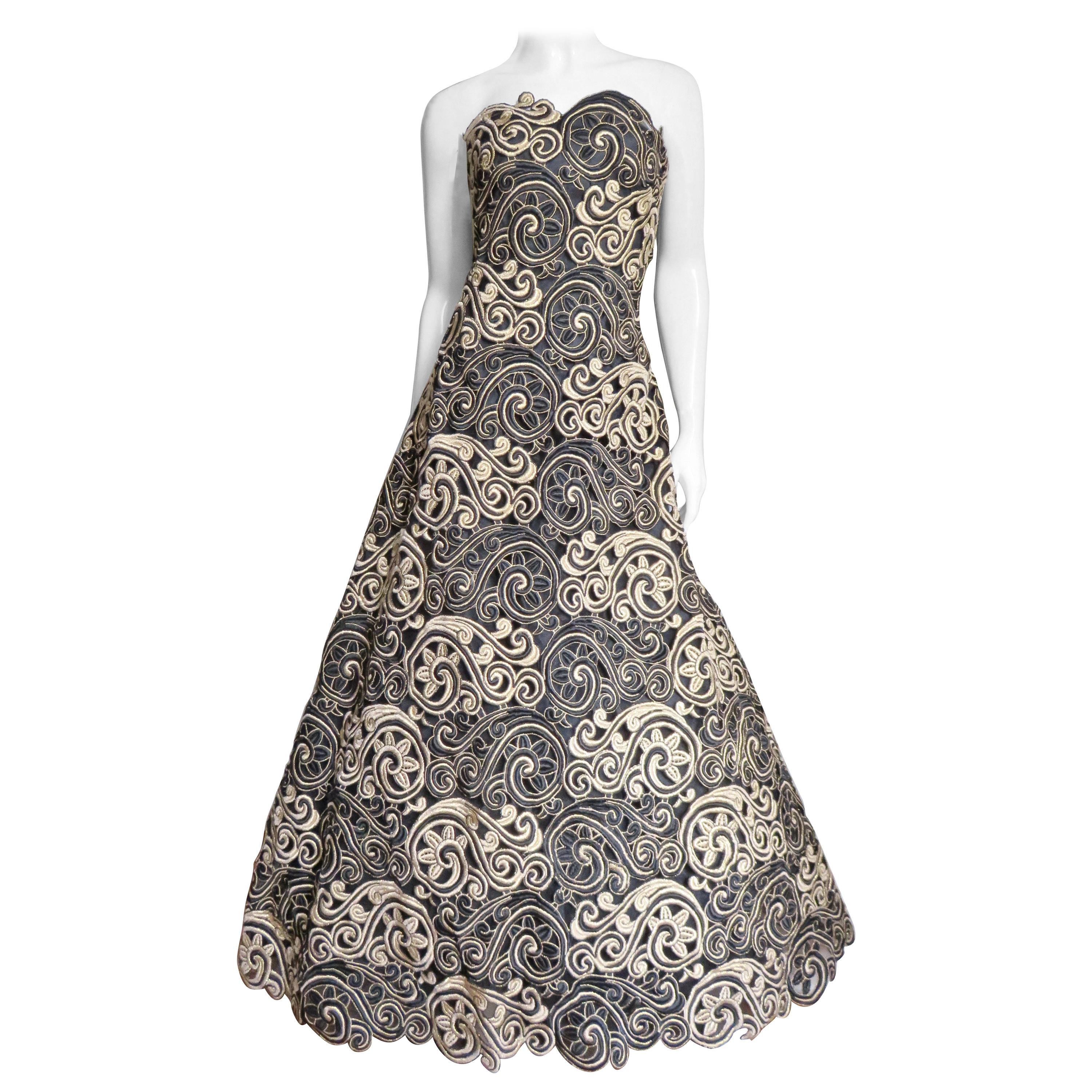 1950's Scaasi Strapless Golden Satin and Black Velvet Evening Gown With ...