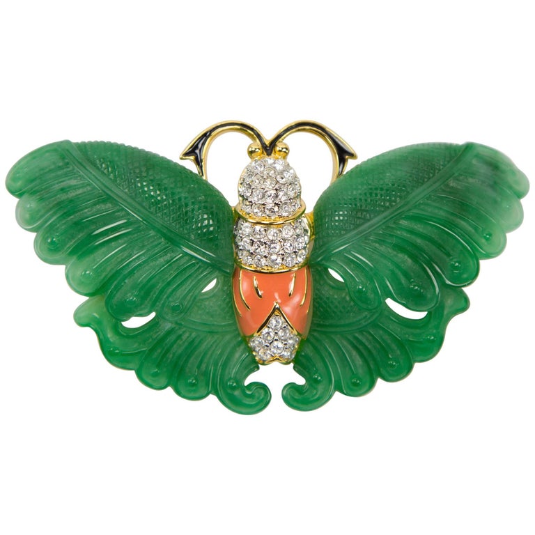 Signed KJL Kenneth Jay Lane Faux Jade Coral Enamel Butterfly Brooch Pin ...