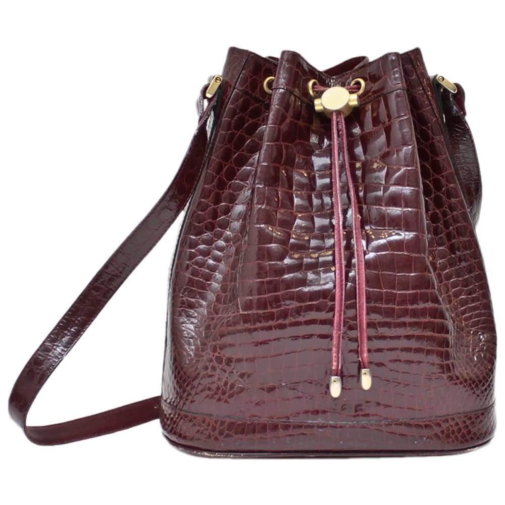 1970's Burgundy Croc Drawstring Bucket Bag at 1stDibs