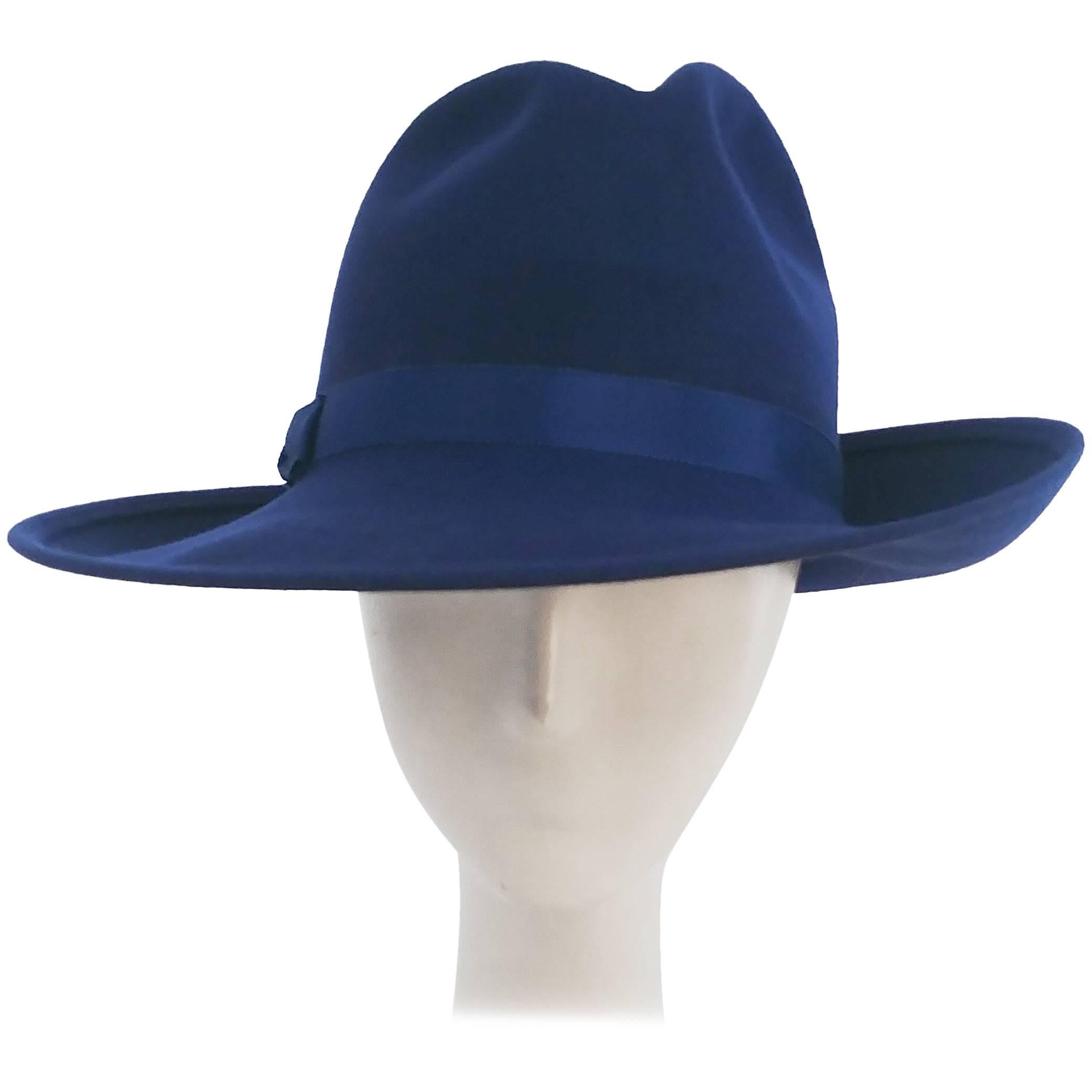 1980s Cobalt Blue Wide Brim Women's Fedora at 1stDibs