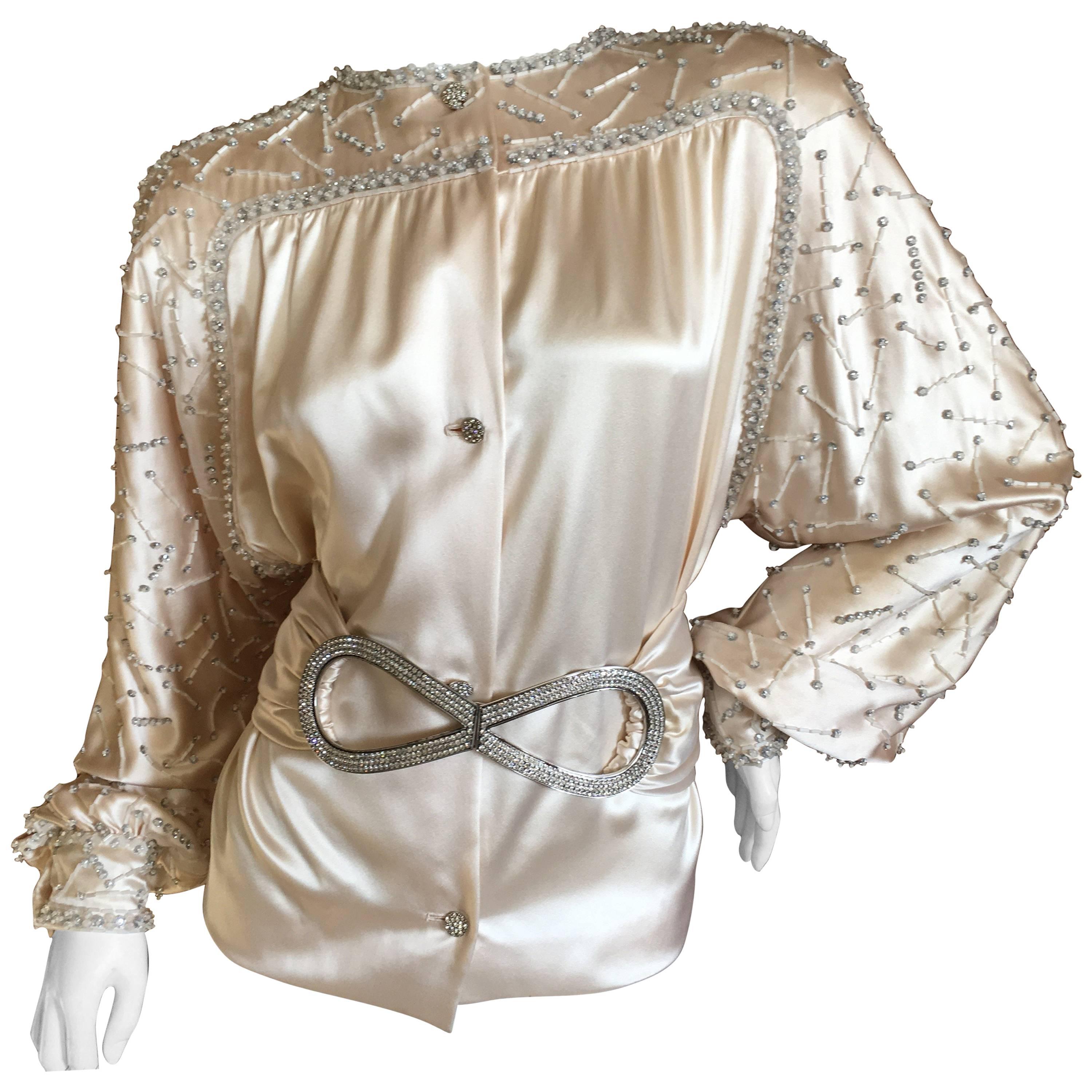 James Galanos Embellished Silk Satin Evening Jacket with Crystal Belt ...