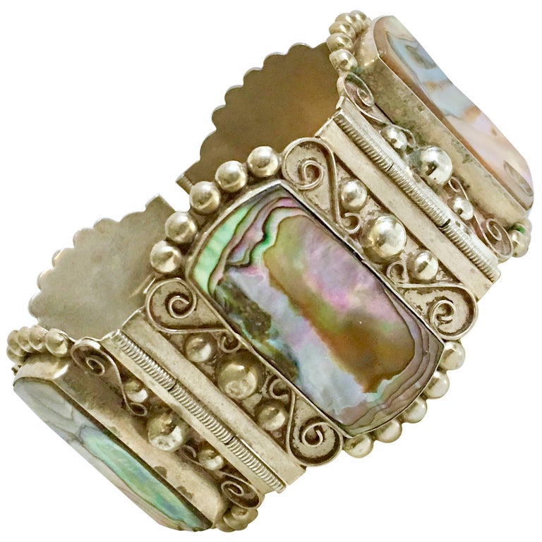 Vintage Sterling and Abaolone Shell Panel Bracelet-Mexico at 1stDibs