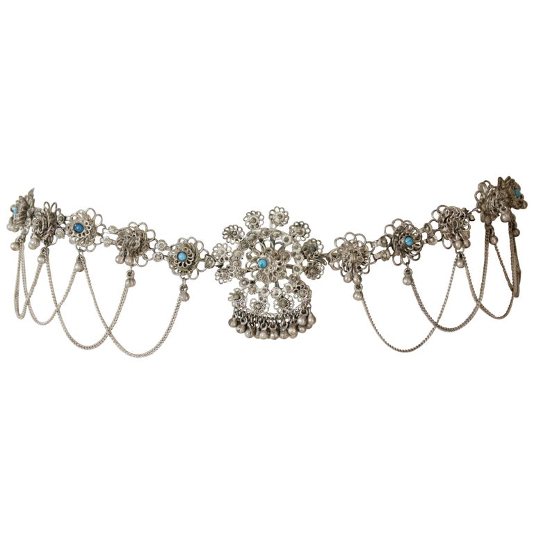 1970s Coin Silver Indian Filigree Chain Belt w Faux Turquoise Accents ...