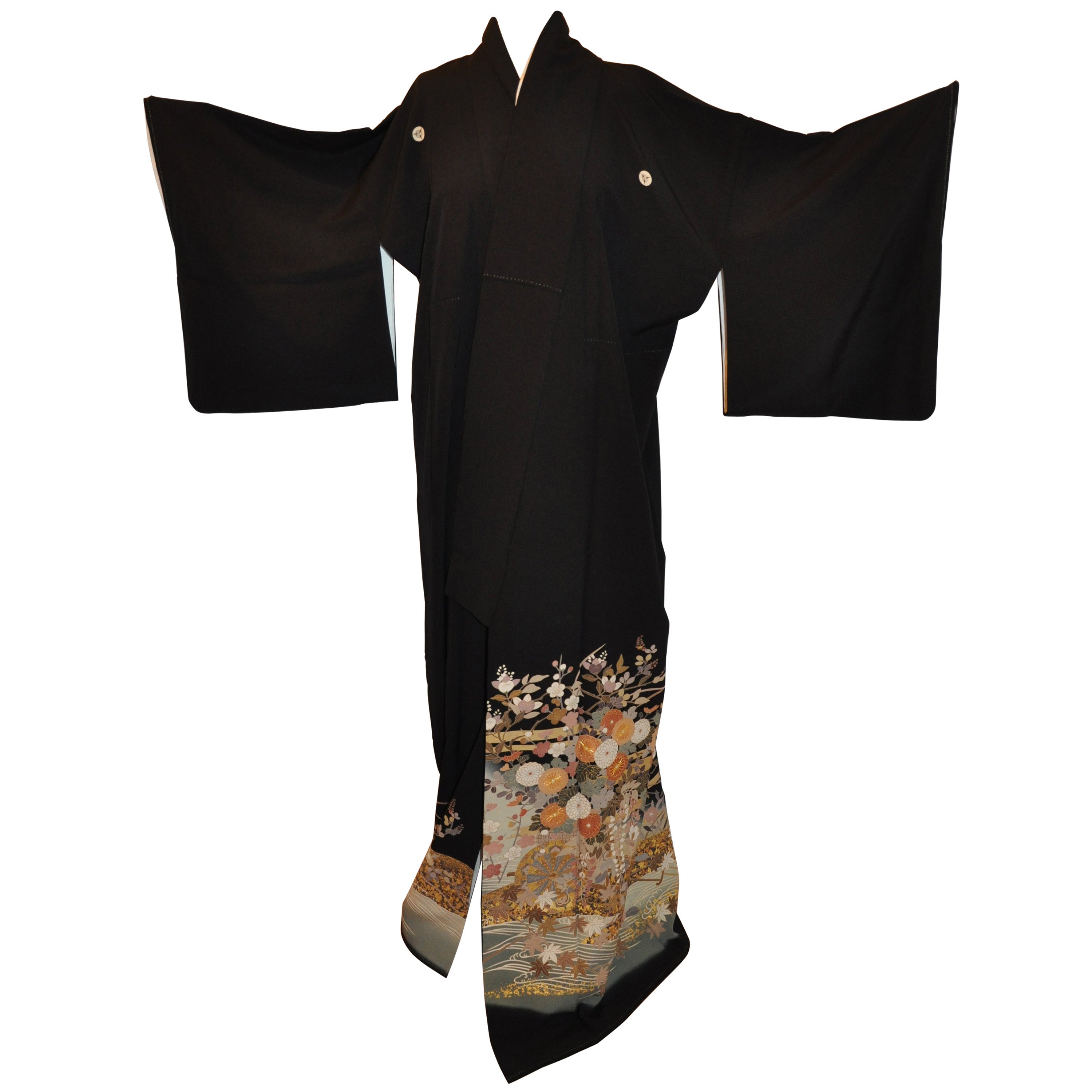 Multi-Textured Gold Cord "Emperor's Carriage" Black Silk Kimono For ...
