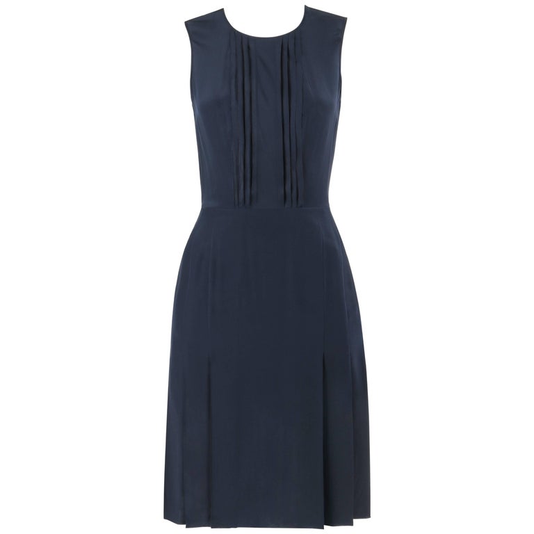 PRADA Navy Blue Silk Sleeveless Pleated Shift Cocktail Dress at 1stDibs ...