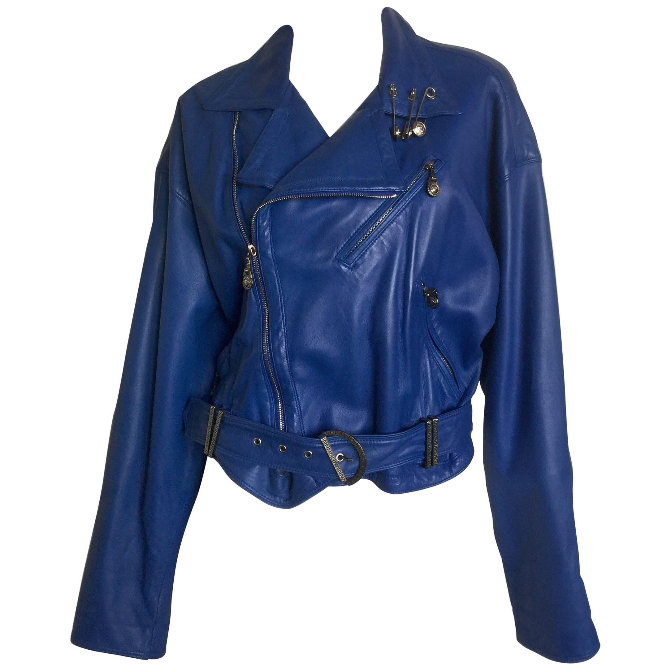 Gianni Versace safety pin royal blue leather jacket For Sale at 1stDibs ...