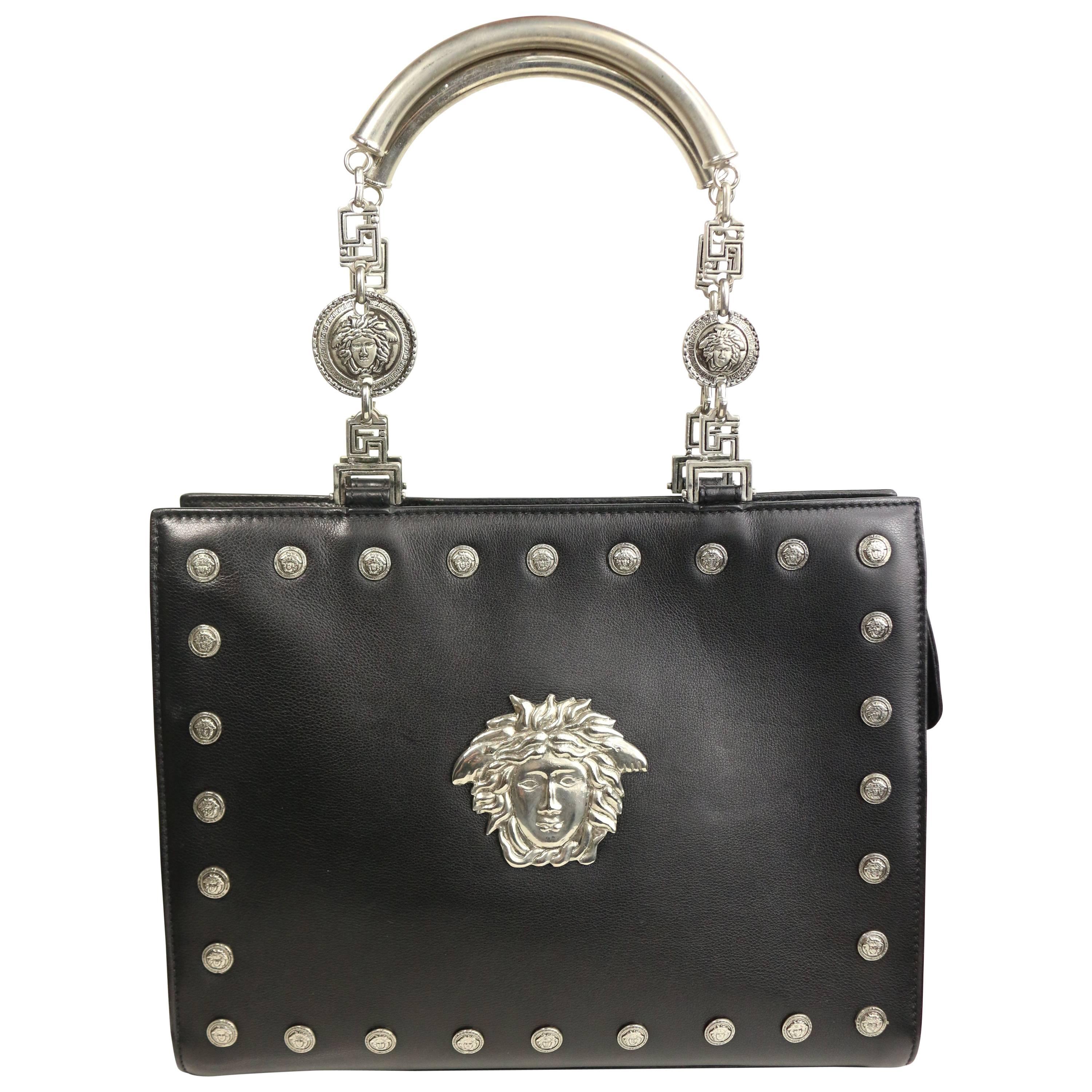 Gianni Versace Couture Black Leather Embedded Silver Medusa Handbag at ...