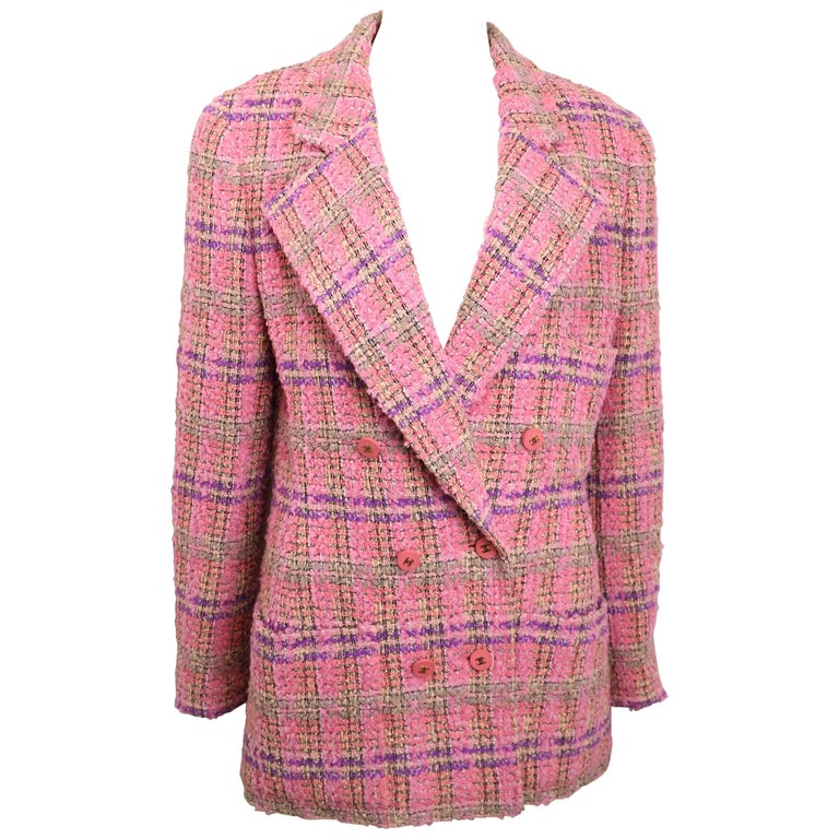 Chanel Pink Wool Multi Coloured Check Pattern Tweed Double Breasted ...