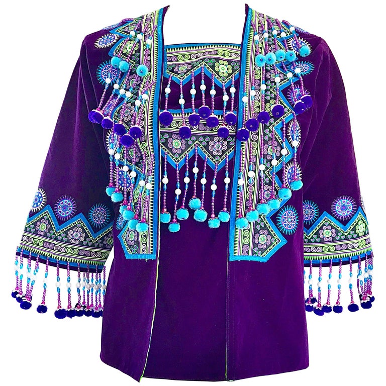 1970s Purple Hmong Velvet Boho Velvet Beaded Pom Vintage 70s Kimono ...