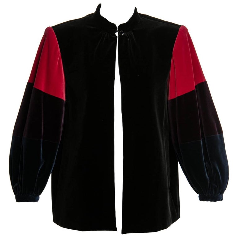 Yves Saint Laurent YSL Velvet Color-Blocked Sleeves Swing Smock Jacket ...