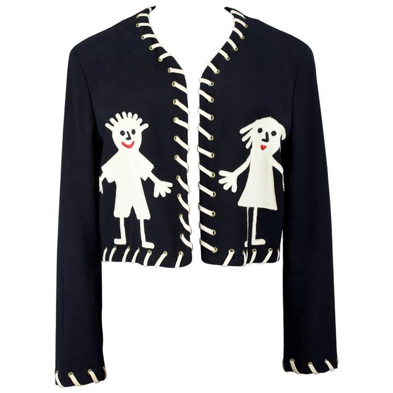 Moschino "Girl and Boy" Pictogram Appliquéd Black Wool Cropped Bolero ...