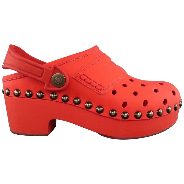 MAISON MARTIN MARGIELA Size 8 Red Perforated Leather Platform Clogs at ...