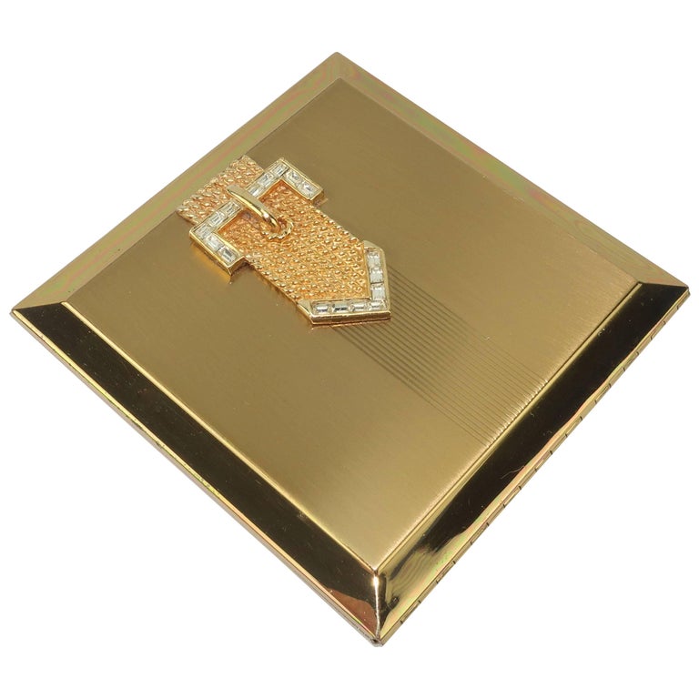 1950's Volupte Gold Powder Compact With Rhinestone Buckle at 1stDibs