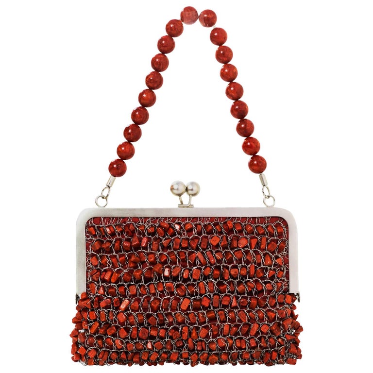 Beatrice Pommier Coral Hand-Crafted Beaded Handbag For Sale at 1stDibs