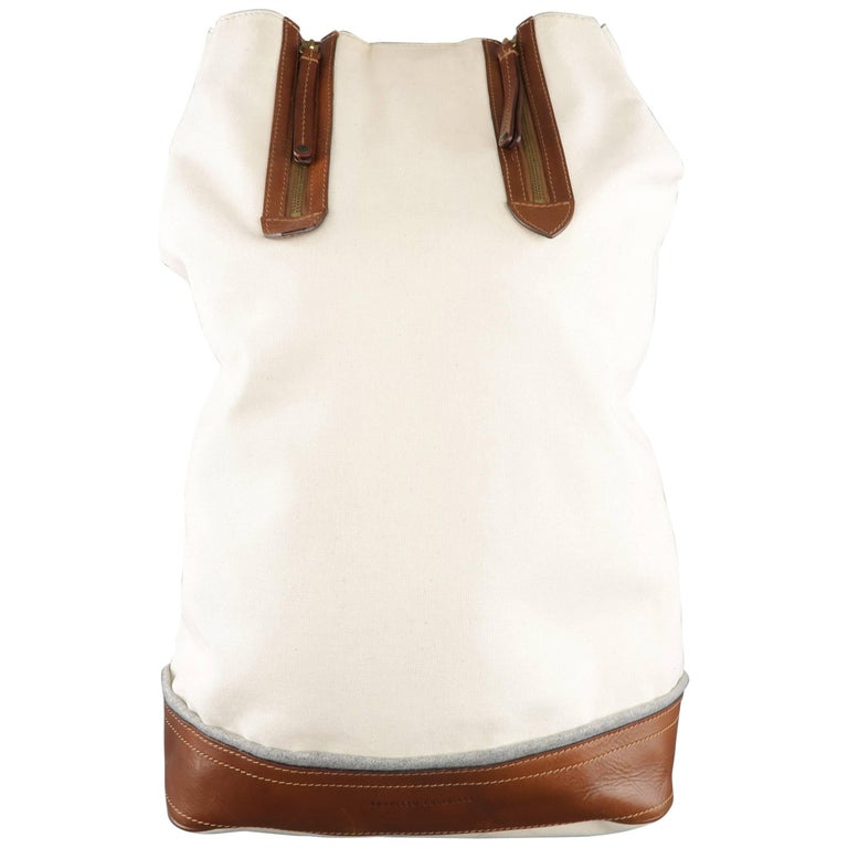 BRUNELLO CUCINELLI Off White Canvas and Tan Leather Single Strap ...