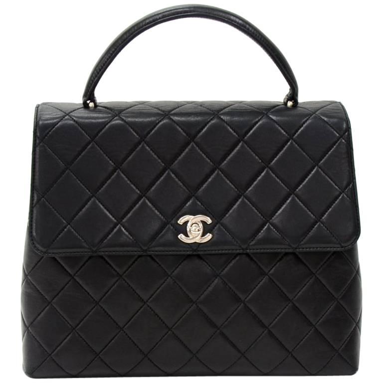Chanel 12" Kelly Style Black Quilted Leather Flap Hand Bag at 1stDibs