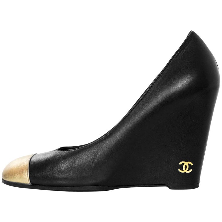 Chanel Black and Gold Cap-Toe Wedges Sz 37 For Sale at 1stDibs | black ...