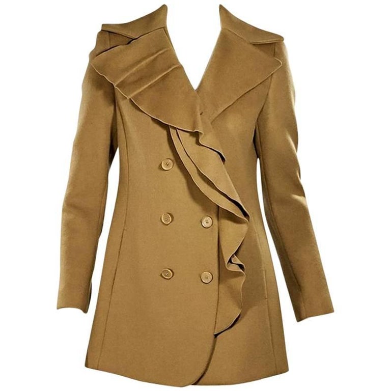 Tan Elie Tahari Wool Ruffle Coat For Sale at 1stDibs | tahari ruffle coat