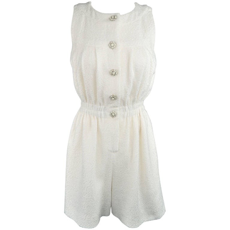 Chanel Size 2 Off White Boucle Textured Flower Button Short Romper at ...