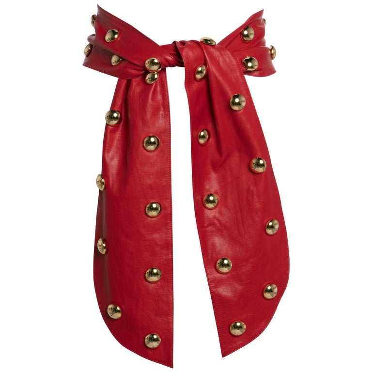 1980s Yves Saint Laurent Red Leather Gold Stud Sash Belt Documented YSL ...