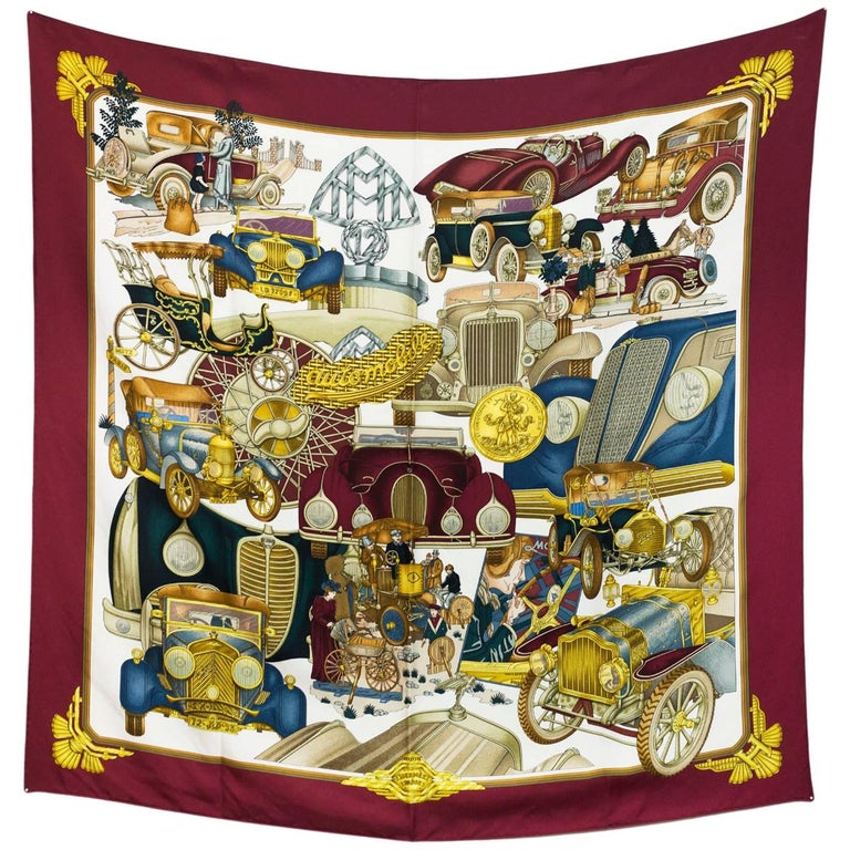 Hermes Vintage Brown Automobile Car Print Silk 90cm Scarf at 1stDibs