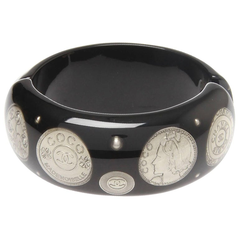 Chanel 2009 Black Resin Silver Plated Coins Cuff Bracelet Bangle at 1stDibs