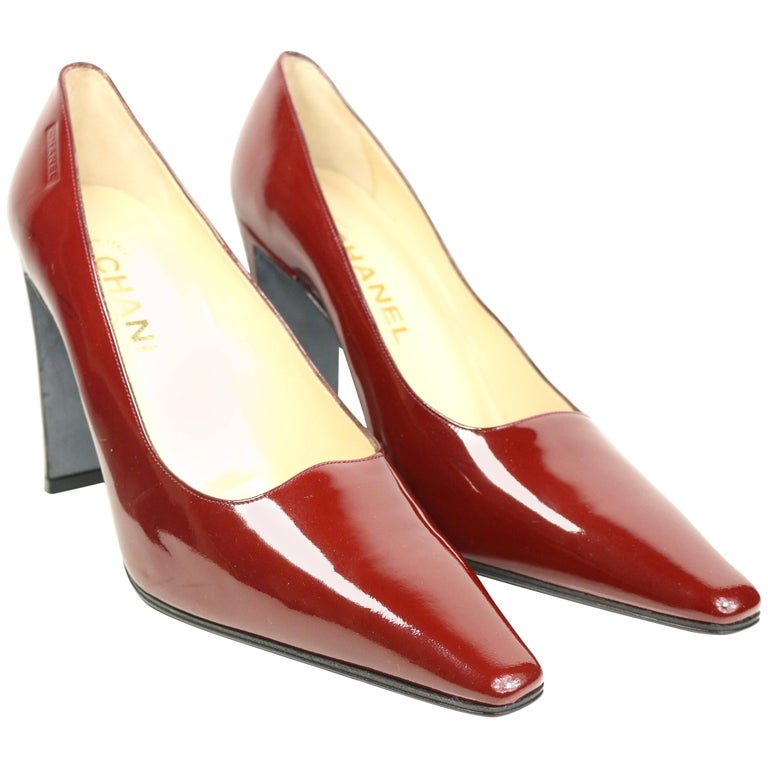 Unworn Vintage Chanel Burgundy Patent Leather Heels Pumps. For Sale at ...