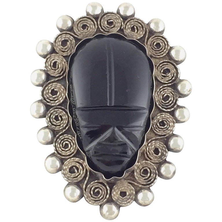 1960'S Sterling Silver and Carved Onyx Figural Mask Brooch at 1stDibs