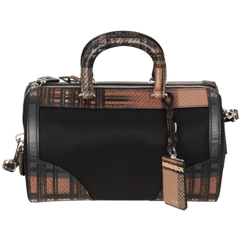 Prada Black Tessuto and Saffiano Tartan Leather Boston Bag with Strap ...