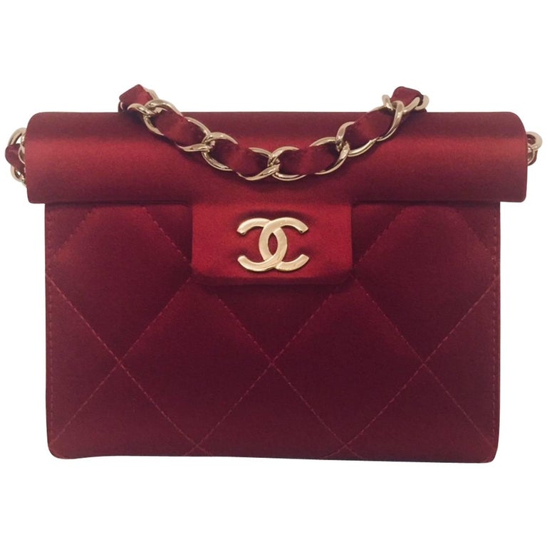 Coveted Chanel Ruby Red Silk Satin Structured Evening Hand Bag Serial ...